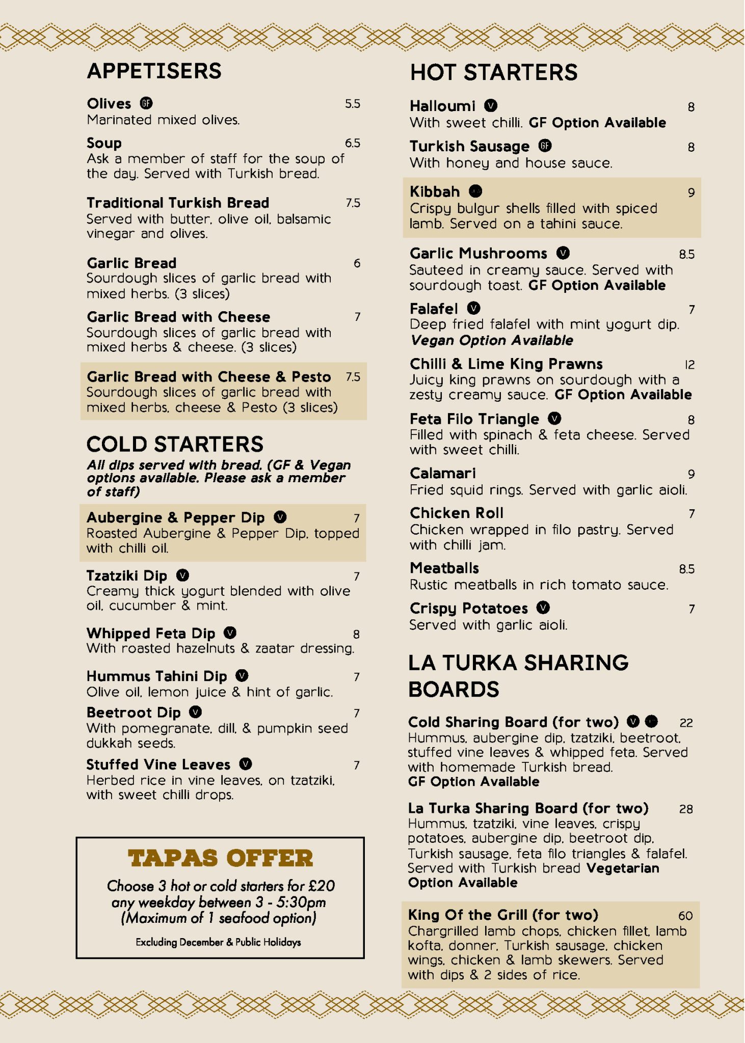 À la carte Menu – LA TURKA BISTRO